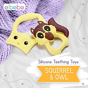 Elbebe Silicone Teething Toys - Baby Teething Toys - Baby Teether - Silicone Teethers for Babies - Baby Chew Toys - Silicone Baby Teether - Infant Teething Toys - Owl & Squirrel - Set of 2