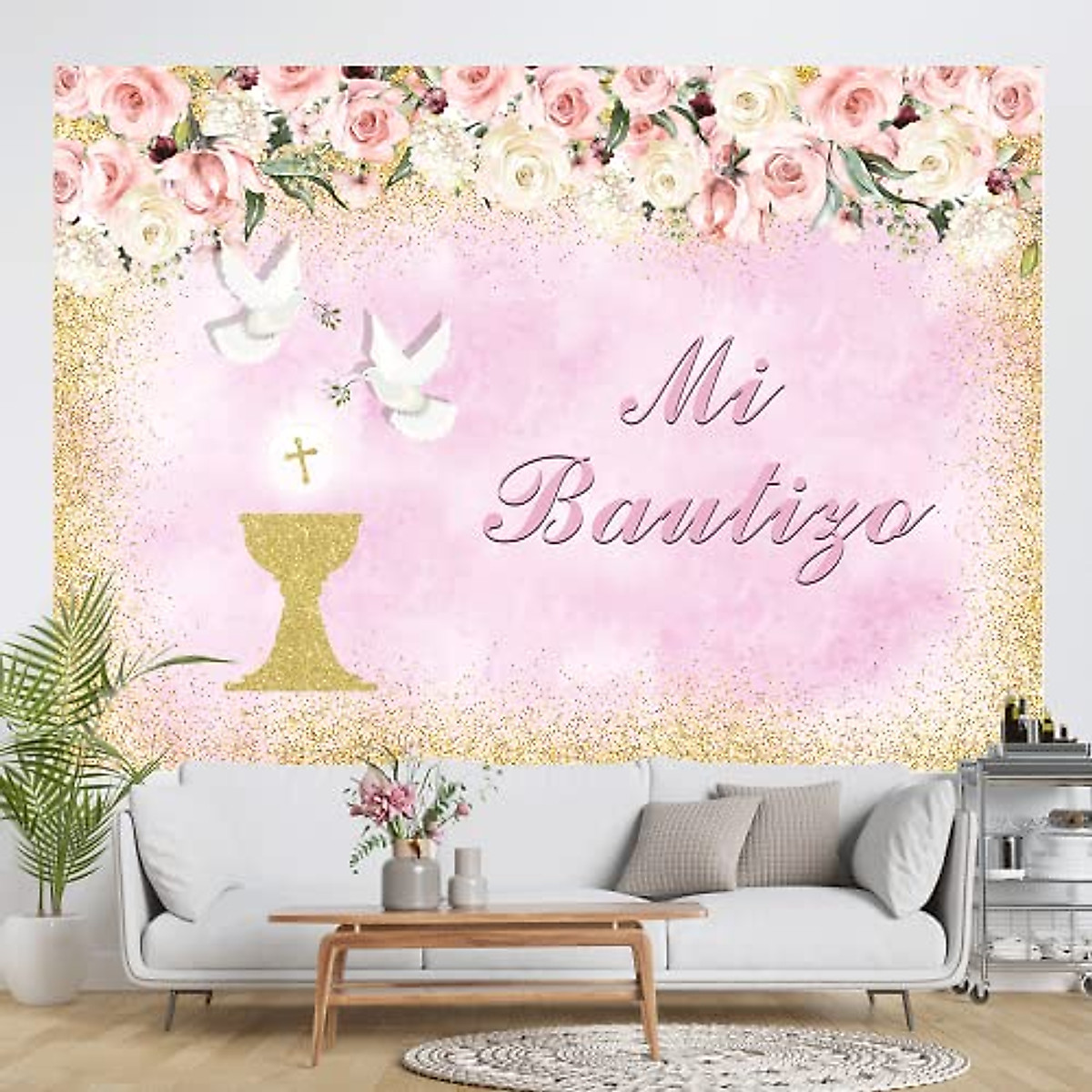 7x5ft Mi Bautizo Backdrop for Girl Baptism Gold Bless Background Pink Flower Golden Dots Photography Baby Shower Banner Party Decorations Floral Newborn Baby Shower Photo Booth Props