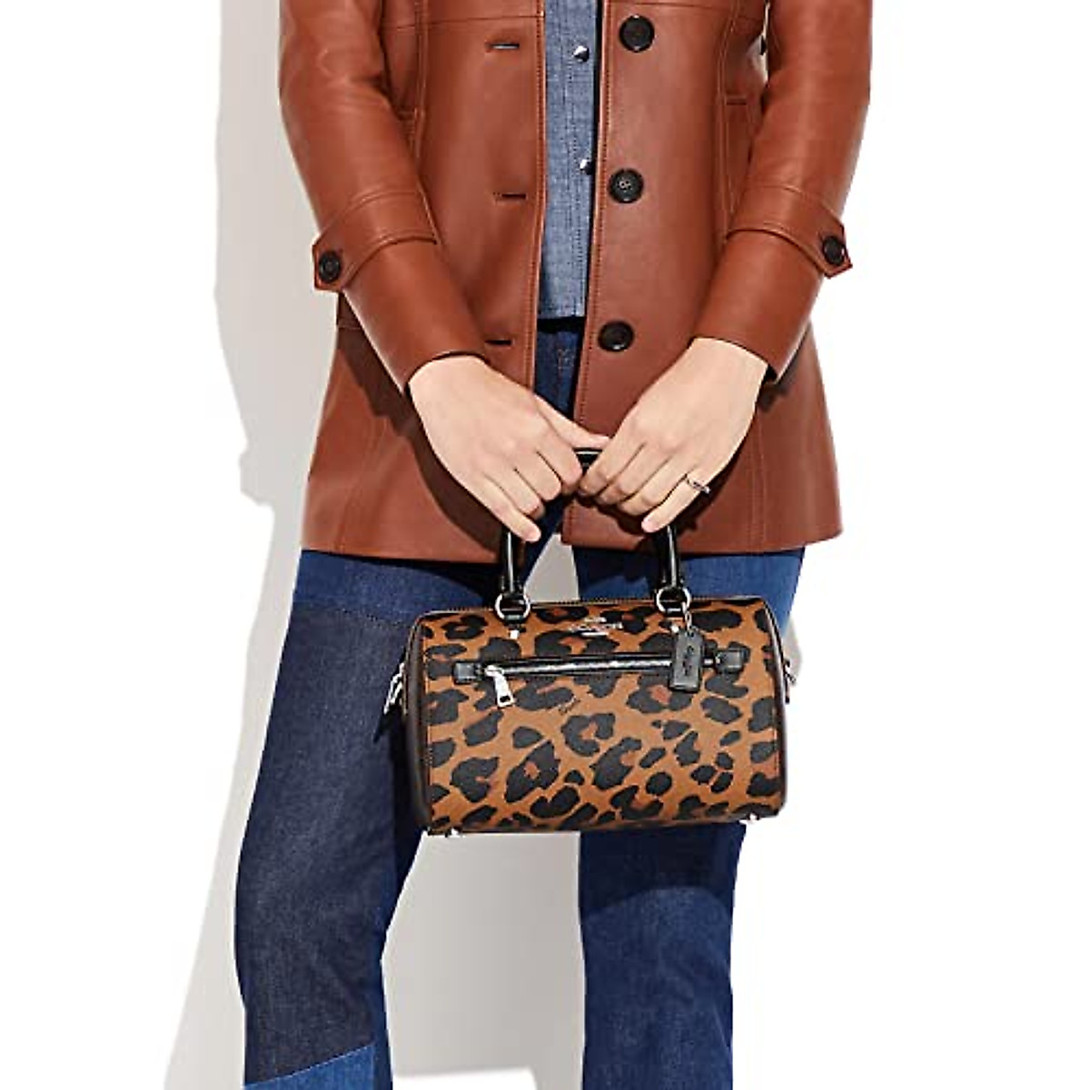 COACH Rowan Satchel In Leather, Leopard/Light Saddle