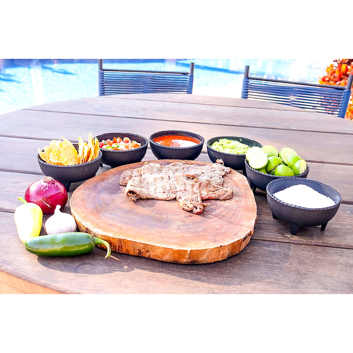 6 Pack Salsa Black Molcajete, Mexico Serving Dish, Chips, Sauce Cup, Side Dish, Snack, Dip, Nuts Candy for Taco Fiesta, Perfect for Parties, Events, or Any Use! (Black Wavy Edge, 6 Pack)