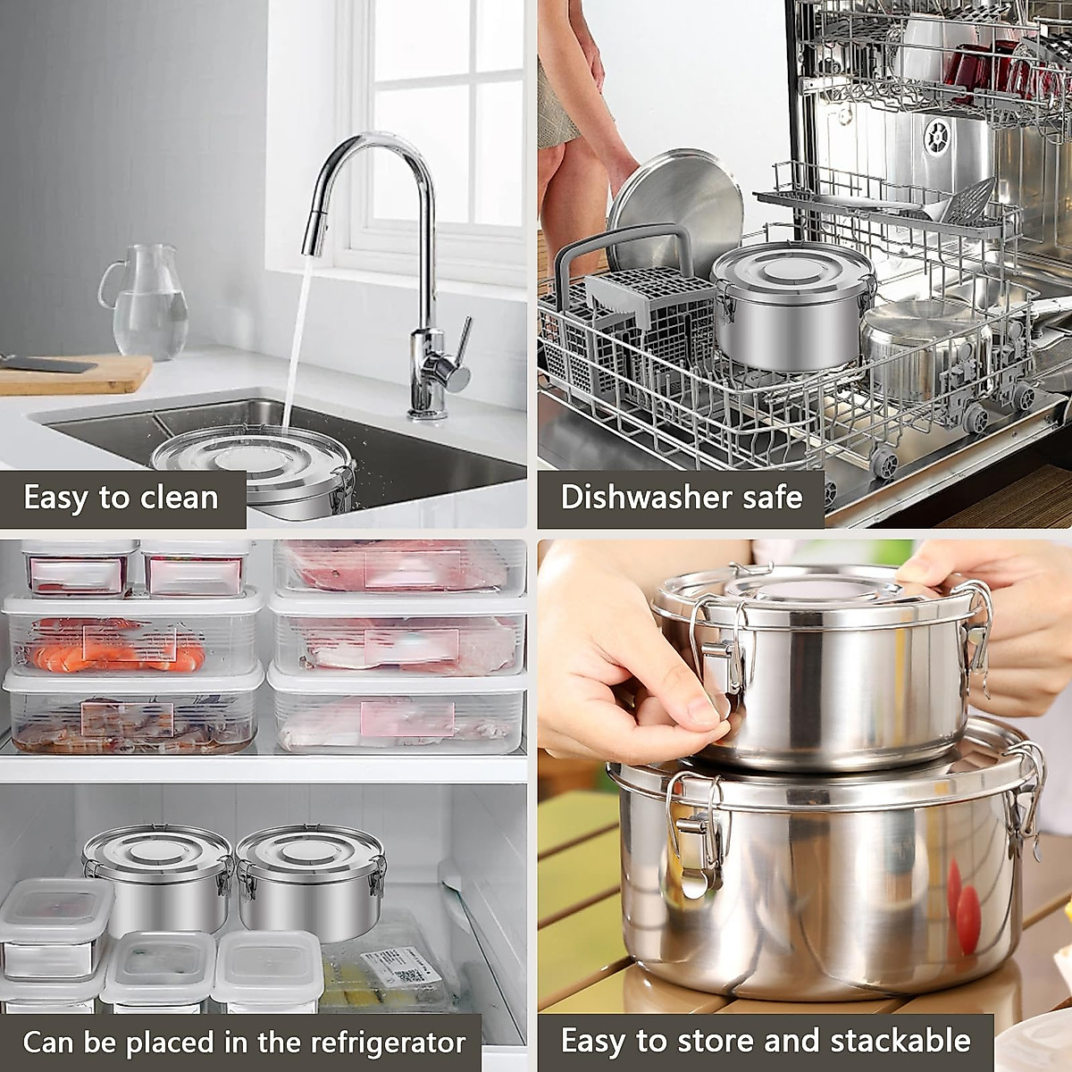 6 Pcs 304 Stainless Steel Food Storage Containers with Lid Bento Lunch Box Kimchi Containers Leak-Proof Reusable Flat Canister Food Box for Camping Trip Picnic Soup Salad,3 Size(22oz, 35oz, 54oz)