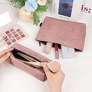 MAGEFY 2 Pcs Makeup Bags for Women, Corduroy Make up Bag for Purse Travel Makeup Bag Small Cosmetic Bags with Zipper Makeup Pouch for Travelling - Dusty Pink