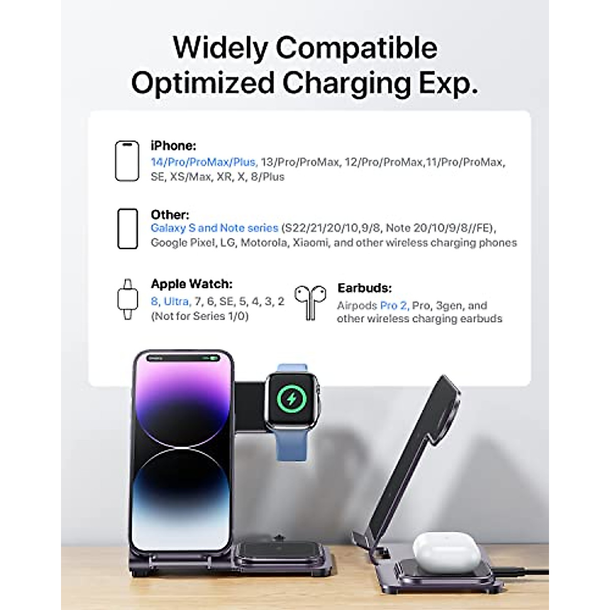 Intoval Charging Station for Apple iPhone/Watch/Airpods, 3 in 1 Wireless Charger for iPhone 14/13/12/11/XS/XR/XS/X/8, iWatch 8/Ultra/7/6/SE/5/4/3/2, Airpods Pro2/Pro1/3/2/1 (Y9,Purple)