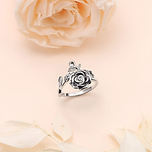 HOOHWE S925 Sterling Silver Flower Rings Rose Flower Open Ring 3D Rose Shape Adjustable Ring Jewelry for Women Teen (Adjustable)