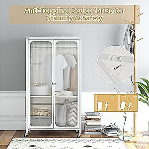 Giantex Closet Wardrobe, Portable Closet with Rollers, Mobile Metal Armoire Closet with Hanging Rod, Adjustable Shelf, Rolling Closet Storage Accent Cabinet, Armoire Clothes Organizer for Bedroom