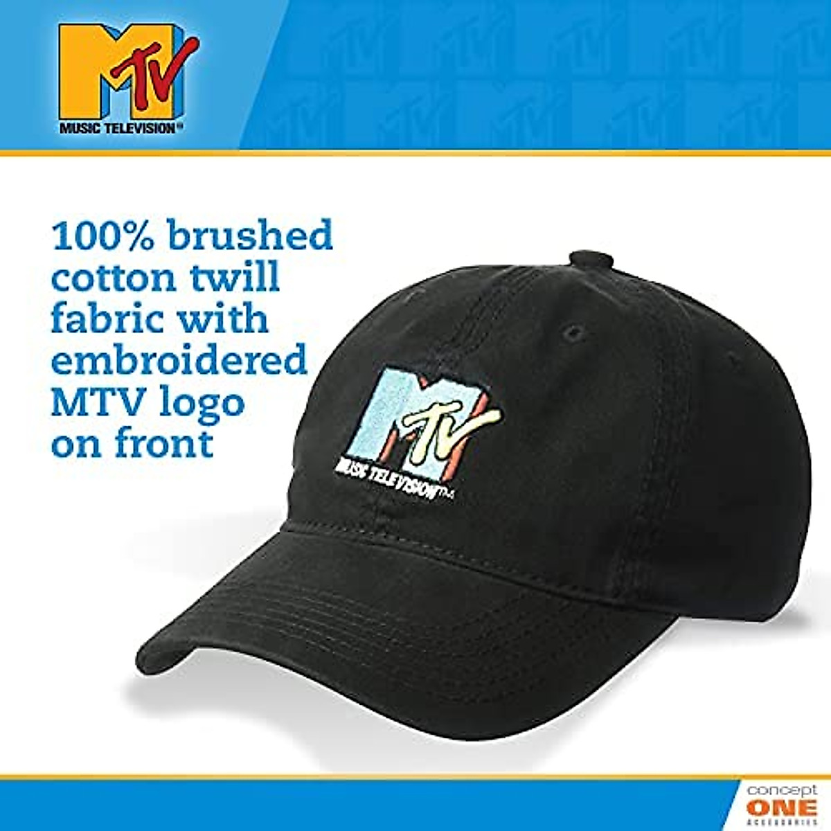 MTV Throwback Style Embroidered Logo Cotton Adjustable Baseball Cap with Curved Brim, Black, One Size