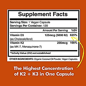 Vitamin D3 K2 (MK-7), Vitamin D3 (5000IU) + K2 (MK-7) 200mcg w/ Organic Coconut Oil, Vitamin D3 + K2, Vitamin D3 + K2, Vitamin K2 D3, Immune & Bone Health, No Fillers, Made in USA, 120 Veggie Capsule