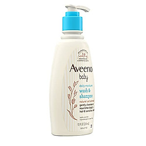 Aveeno Baby Daily Moisture Gentle Body Wash & Shampoo with Oat Extract, 2-in-1 Baby Bath Wash & Hair Shampoo, Tear- & Paraben-Free for Hair & Sensitive Skin, Lightly Scented, 12 fl. oz