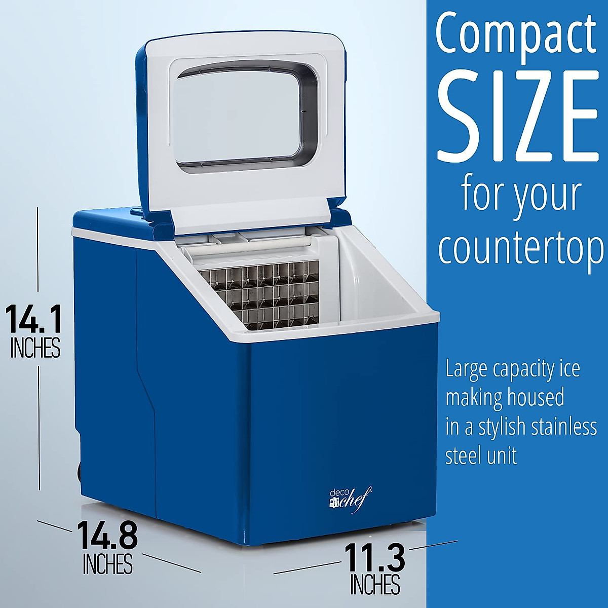 Deco Chef Countertop Ice Maker 40LB/24H, 24 Full Cubes Every 15 Minutes, Adjustable Size, Digital Control and Timer, Self-Cleaning, EZ Access Flip Lid, Scoop Included, Blue
