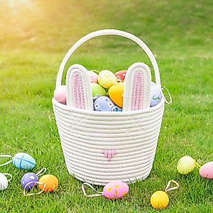 CubesLand Easter Bunny Basket Easter Buckets for Kids with Ear, Easter Egg Hunt Basket Bags Easter Gifts for Girls Baby Kids Children Pink White 9.8 x 7.8 x 7.8”