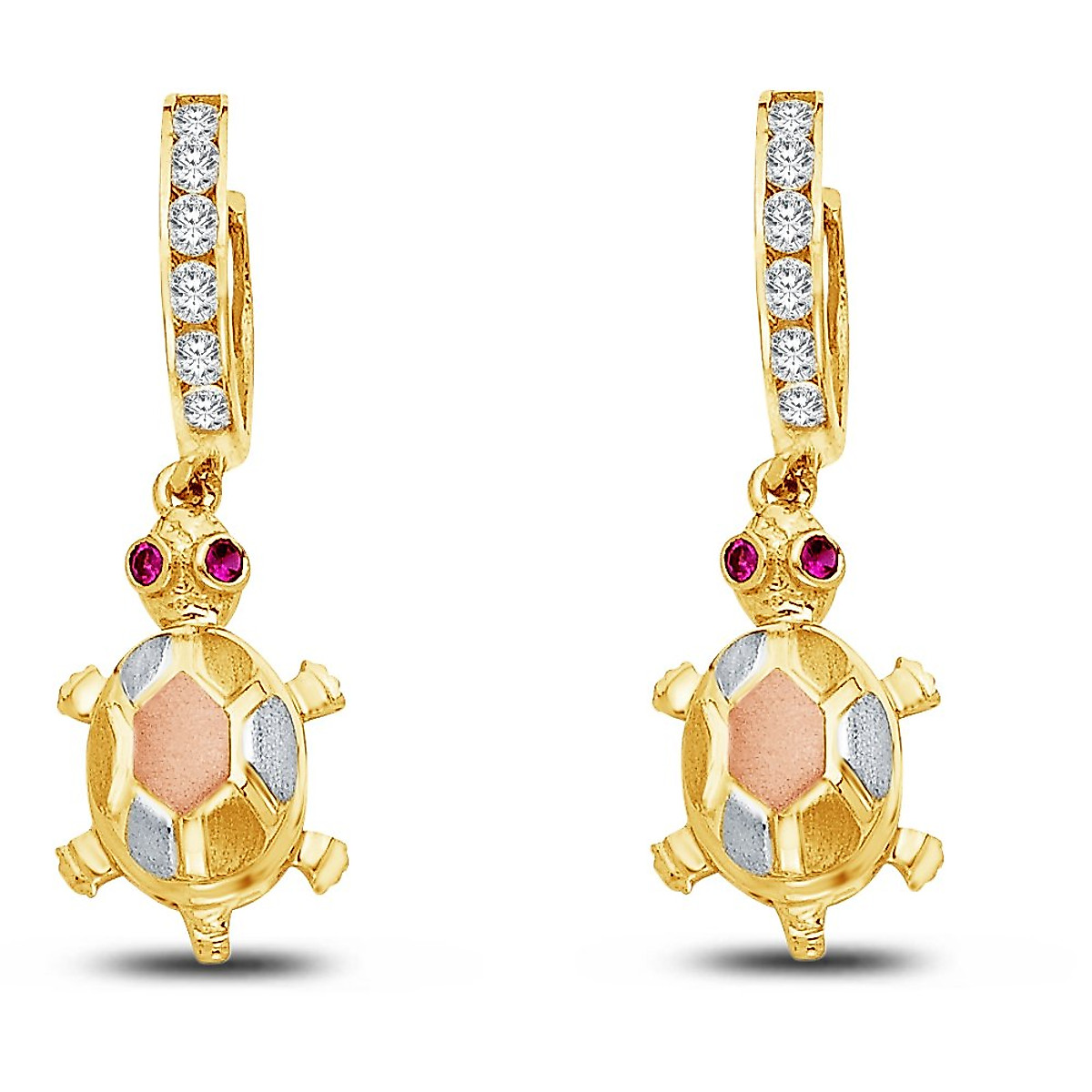 14k Tri 3 Color Gold CZ Cubic Zirconia Fancy Huggies Hoops Dangle Hanging Drop Turtle Earrings (10 X 33mm)