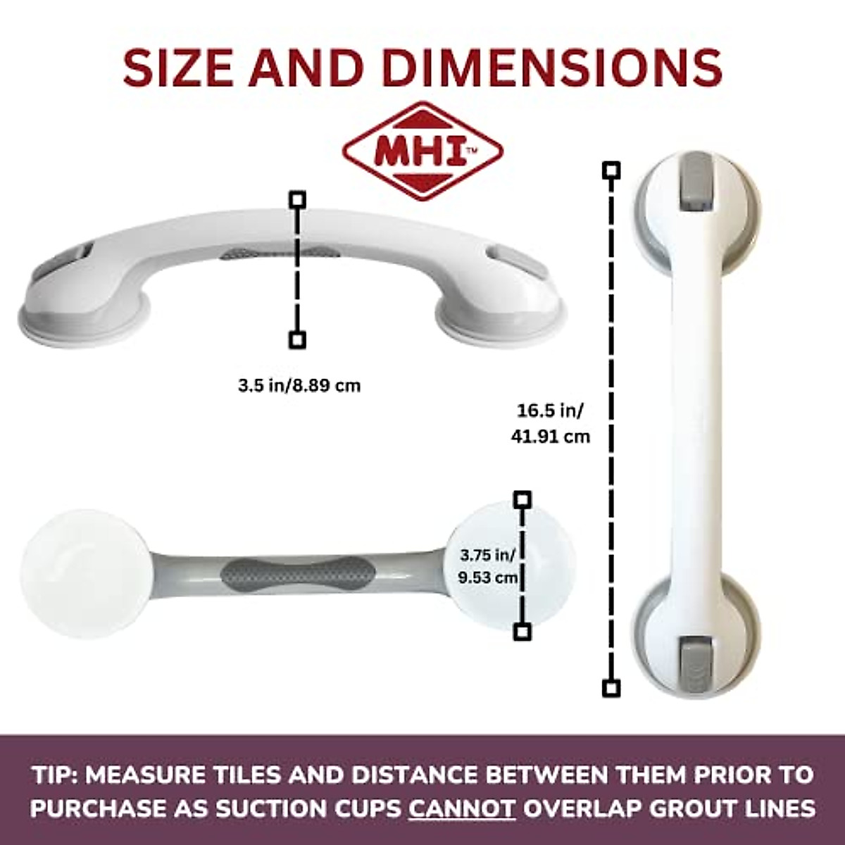 Safe-er-Grip Changing Lifestyles Suction Cup Grab Bars For Bathtubs & Showers; Safety Bathroom Assist Handle, White & Grey, 16 Inches