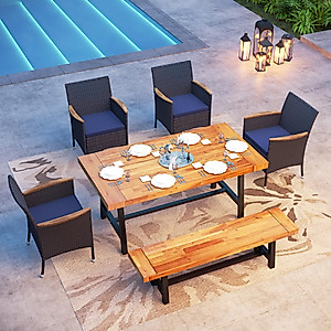 PHI VILLA Outdoor Wood Table Bench Set for 3, 1 Wood Dining Table & 1 Wooden Bench, Acacia Wood Patio Furniture Set for Porch Yard Deck, Teak Color
