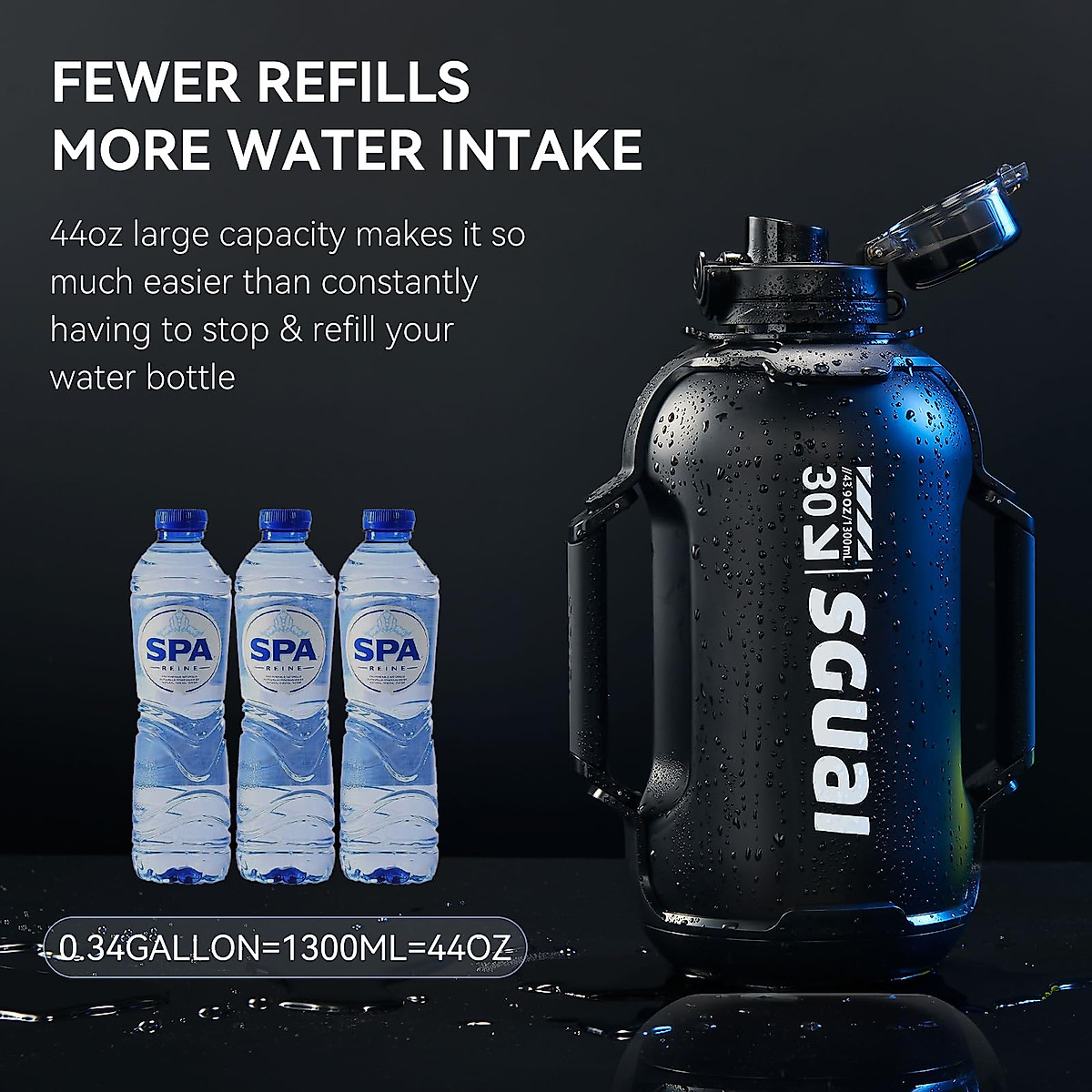 SGUAI Smart Water Bottle, 44oz Smart Sports Gallon Water Bottle, Tracks Water Intake with Bluetooth, LED Glow Reminder, BPA Free Tritan Bottle for Fitness Gym Outdoor, Straw Lid, 1.3L