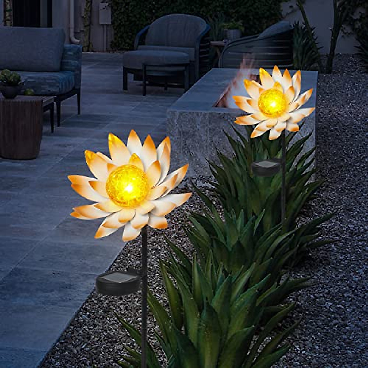 NAN ZAI NAN FANG Solar Lights Outdoor Garden Decor, 2 Pack Crackle Globe Glass Metal Solar Lotus Lights, Waterproof Solar Lotus Stake Light for Patio,Lawn,Yard,Walkway,Pathway(Yellow)