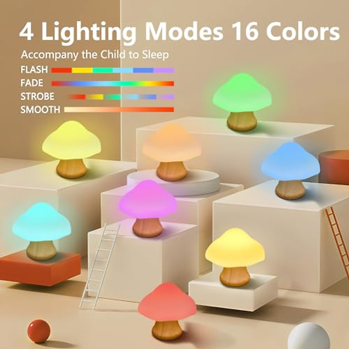 ANGTUO Wooden Mushroom Lamp, 16 Color Changing Mushroom Night Light, Adorable Mushroom Light with Two Remotes