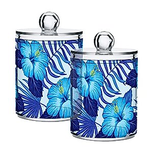 Fustylead 2 Pack Exotic Blue Hibiscus Flowers Qtip Holder Dispensers, Plastic Apothecary Jar Bathroom Accessories Set for Cotton Ball, Swab, Round Pads, Floss