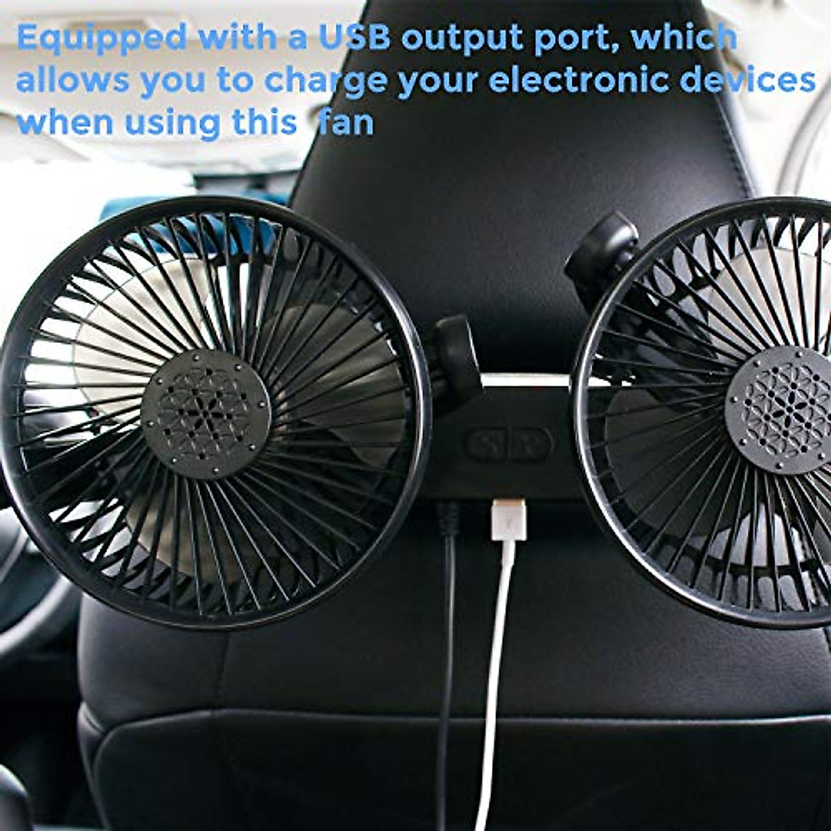 Poraxy Car Fans,12V/24V Electric Cooling Fan for Backseat, Headrest 360 Degree Rotatable Dual Head Rear Seat Air Fan for Sedan SUV RV Boat