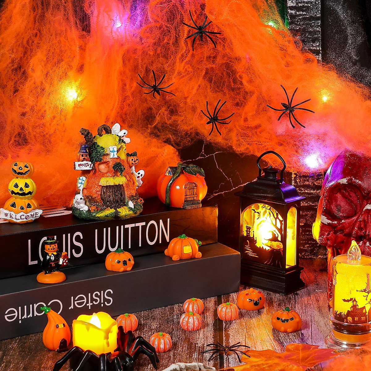 Barydat 18 Pcs Halloween Village Accessories Set Halloween Miniature Figurines Decoration Ornaments Pumpkin House Pumpkin Statues LED Pumpkin Spiderweb Halloween Crafts DIY Garden Table Decor