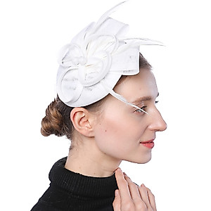 Coolwife Womens Fascinator Hat Sinamay Pillbox Flower Feather Tea Party Derby Wedding Headwear (A White)