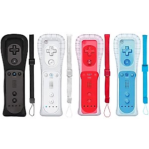 PGYFDAL 4 Packs Classic Remote Controller Compatible for Wii Wii U Console, Gamepad with Soft Silicone Sleeve and Wrist Strap (Black+White+Red+Blue)