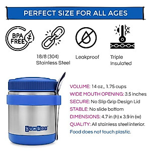Yumbox Zuppa 14 oz Triple Insulated Stainless Steel Food Jar, Leakproof kids thermos Food Jar, Removable Utensil Band and spoon, Easy Grip, Stays Hot 6 Hours or Cold for 12 Hours, (Neptune Blue)