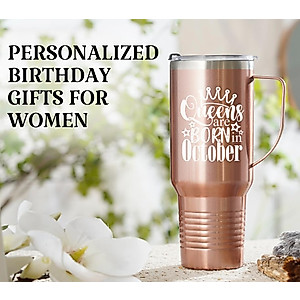 Onebttl Funny Birthday Gifts for Women, Her, Birthday Queen, 40 oz Tumbler with Handle, Rose Gold, Queens are Born in July