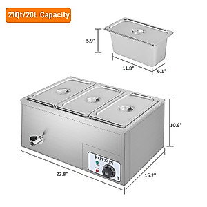 ROVSUN 21QT Electric Commercial Food Warmer, 110V 3-Pan Stainless Steel Bain Marie Buffet, 6.9 QT/Pan Stove Steam Table with Temperature Control & Lid for Parties, Catering, Restaurants