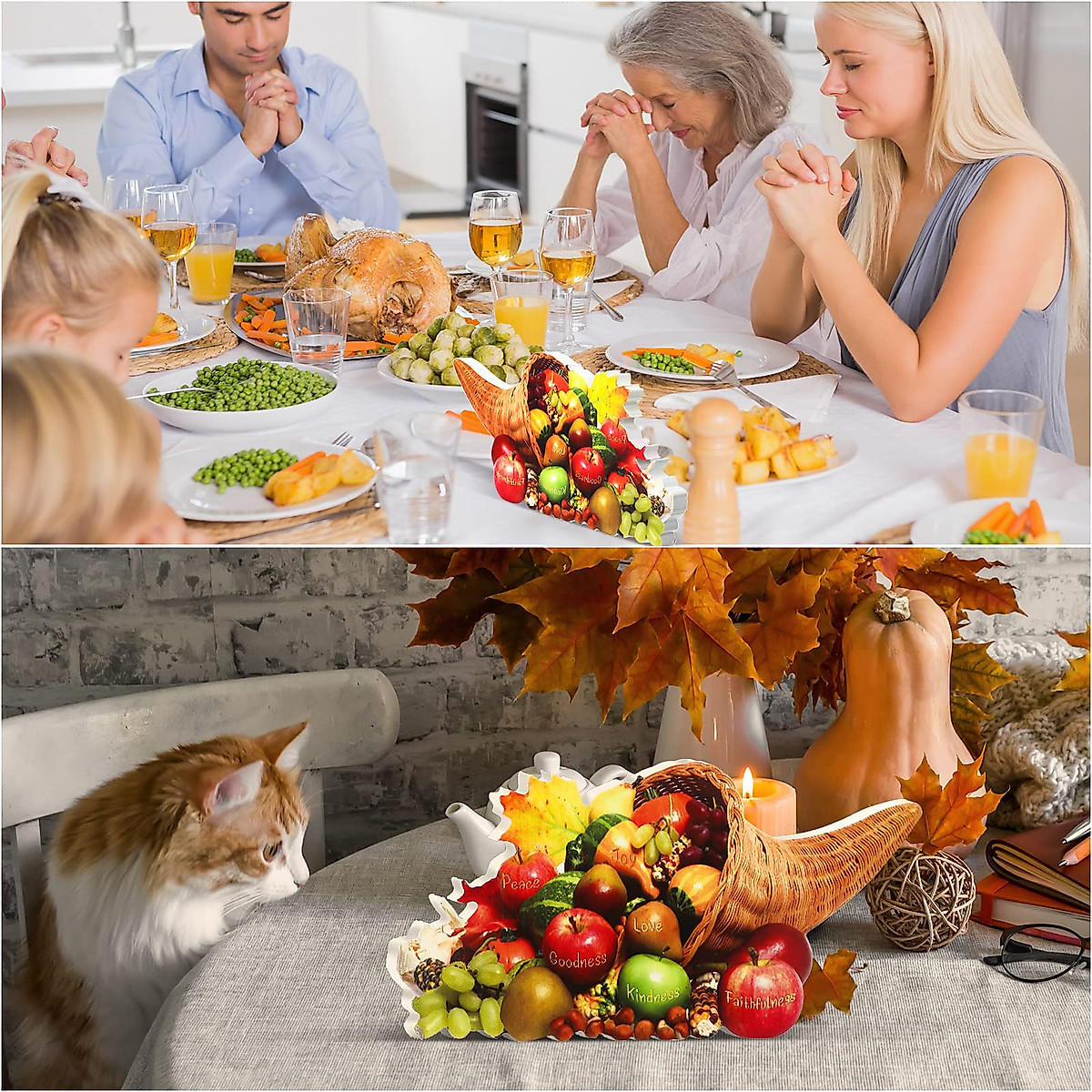 Amyhill Thanksgiving Table Centerpiece Cornucopia Fall Centerpiece for Tables with Inspirational Words Peace Love Joy Goodness Faithfulness Harvest Cornucopia Basket for Fall Dining Table Decor