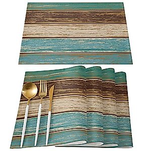 Vandarllin Placemats Set of 6, Retro Rustic Wood Texture Polyester Stain Resistant Table Mats Washable Placemat Decoration for Kitchen Dining Table Teal Green Brown