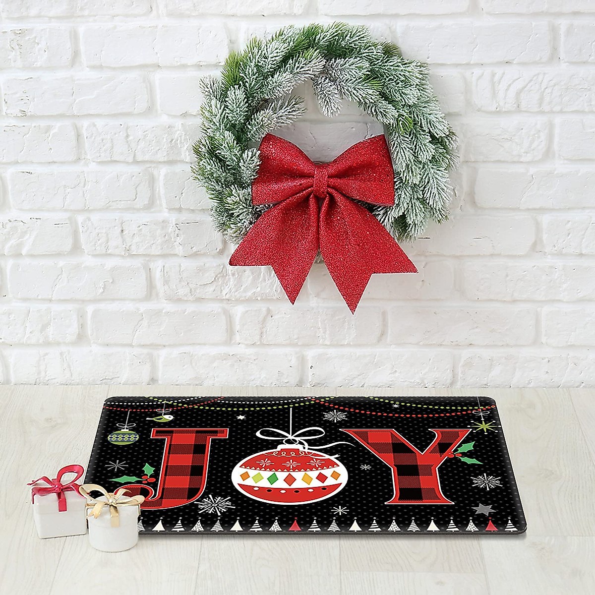 Merry Christmas Doormat Joy Floor Mat Christmas Indoor and Outdoor Carpet Decoration at Home Office Yard Garden Room 23×16 inches(Black Joy)