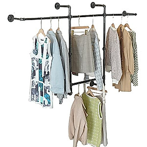 ZYUXUAN Industrial Wall Clothes Rack, Heavy-Duty Clothing Rack, Pipe Style Garment Rack with Four Hanging Rods for Bedroom, Laundry Room, Retail Store, Rustic Black (four hanging rods)