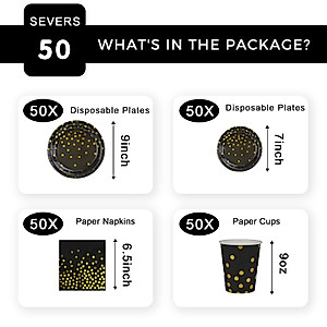 Black and Gold Party Supplies - 200PCS Disposable Black Paper Plates Dinnerware Set Gold Dots 50 Dinner Plates 50 Dessert Plates 50 Cups 50 Napkins Wedding Birthday Party Baby Shower Christmas