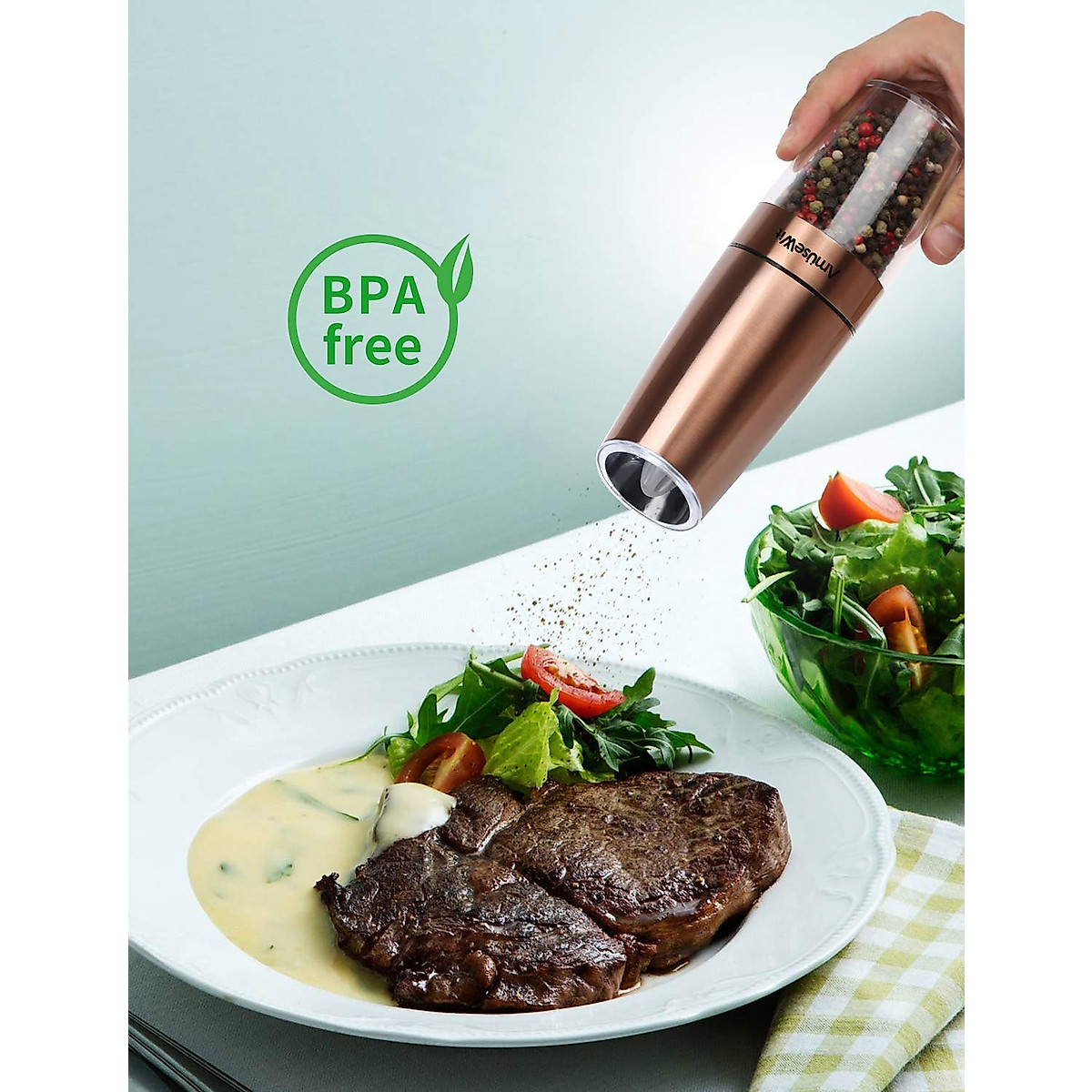 AmuseWit Gravity Electric Pepper and Salt Grinder Set [White Light] Battery Operated Automatic Pepper and Salt Mills with Light,Adjustable Coarseness,One Handed Operation,Copper