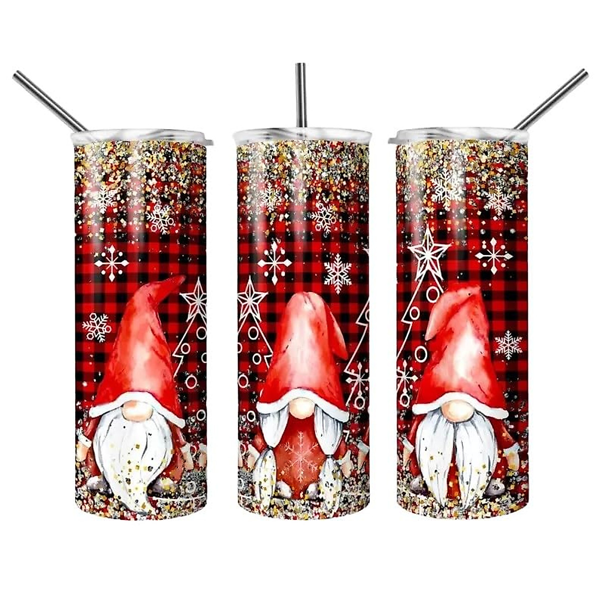Christmas Gnomes Tumbler Sublimation Wrap - Ready to Press Sublimation Transfer - 20 oz Straight, Snowflake Plaid Gnome Transfer Wrap