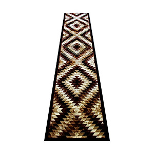 EMMA + OLIVER Olefin Accent Rug - Distressed Southwestern Diamond Motif in Brown, Beige, White & Black - 2x11 - Plush Pile - Jute Backing