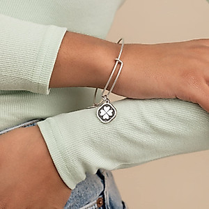 Alex and Ani Path of Symbols Expandable Bangle for Women, Four Leaf Clover Embossed Charm, Rafaelian Silver Finish, 2 to 3.5 in