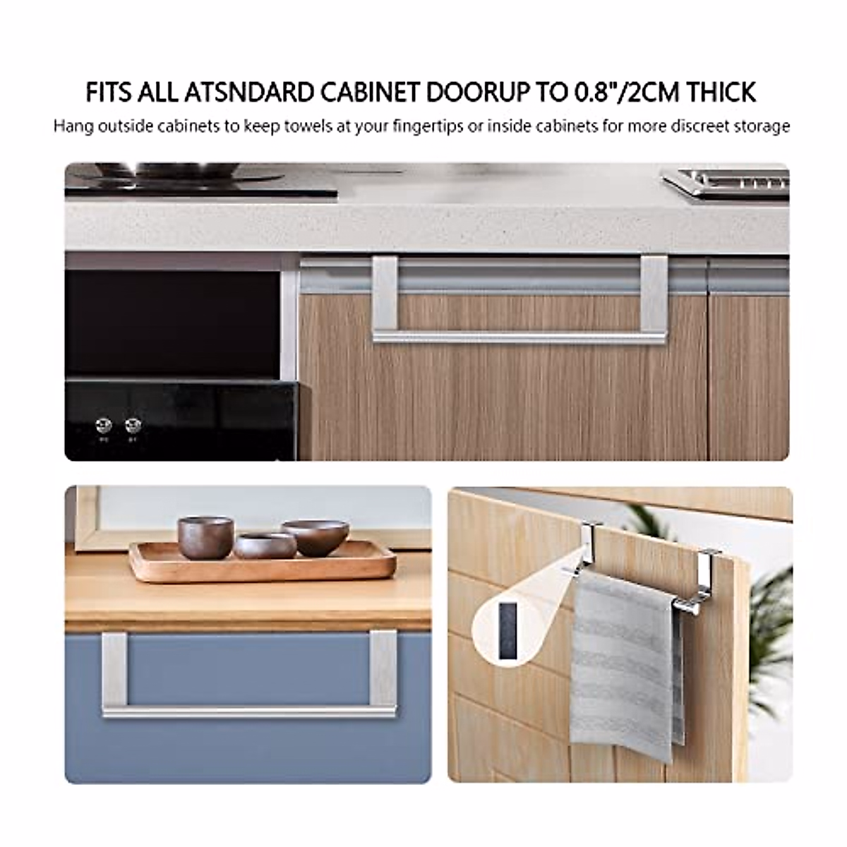 Kitchen Towel Holder - Strong Steel Kitchen Over Cabinet Towel Bar Holder - Holds Hand or Dish Towels - 2 Pack