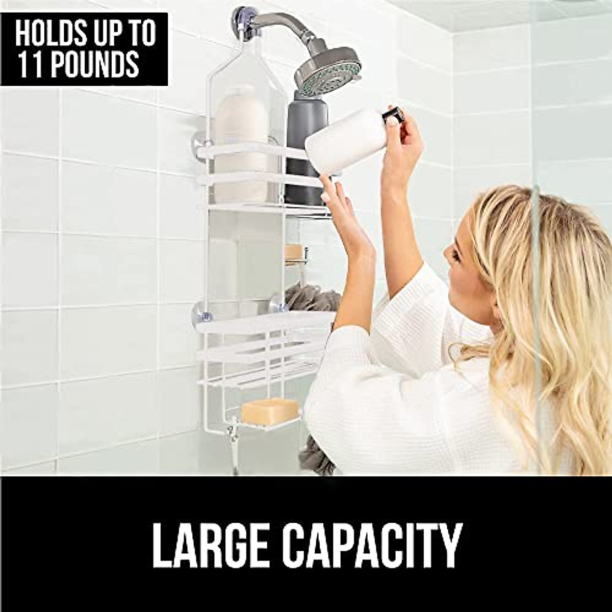 Gorilla Grip Anti-Swing Oversized Shower Caddy, Rust Resistant Organizer, Holds 11 lbs, Strong Suction Cups, Hooks, Easy Hanging Bathtub Shampoo and Accessories Caddies for Showerhead, 3 Shelf, White