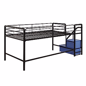 DHP Junior Twin Metal Loft Bed with Storage Steps, Multifunctional Space-Saving Solution - Black with Blue Steps