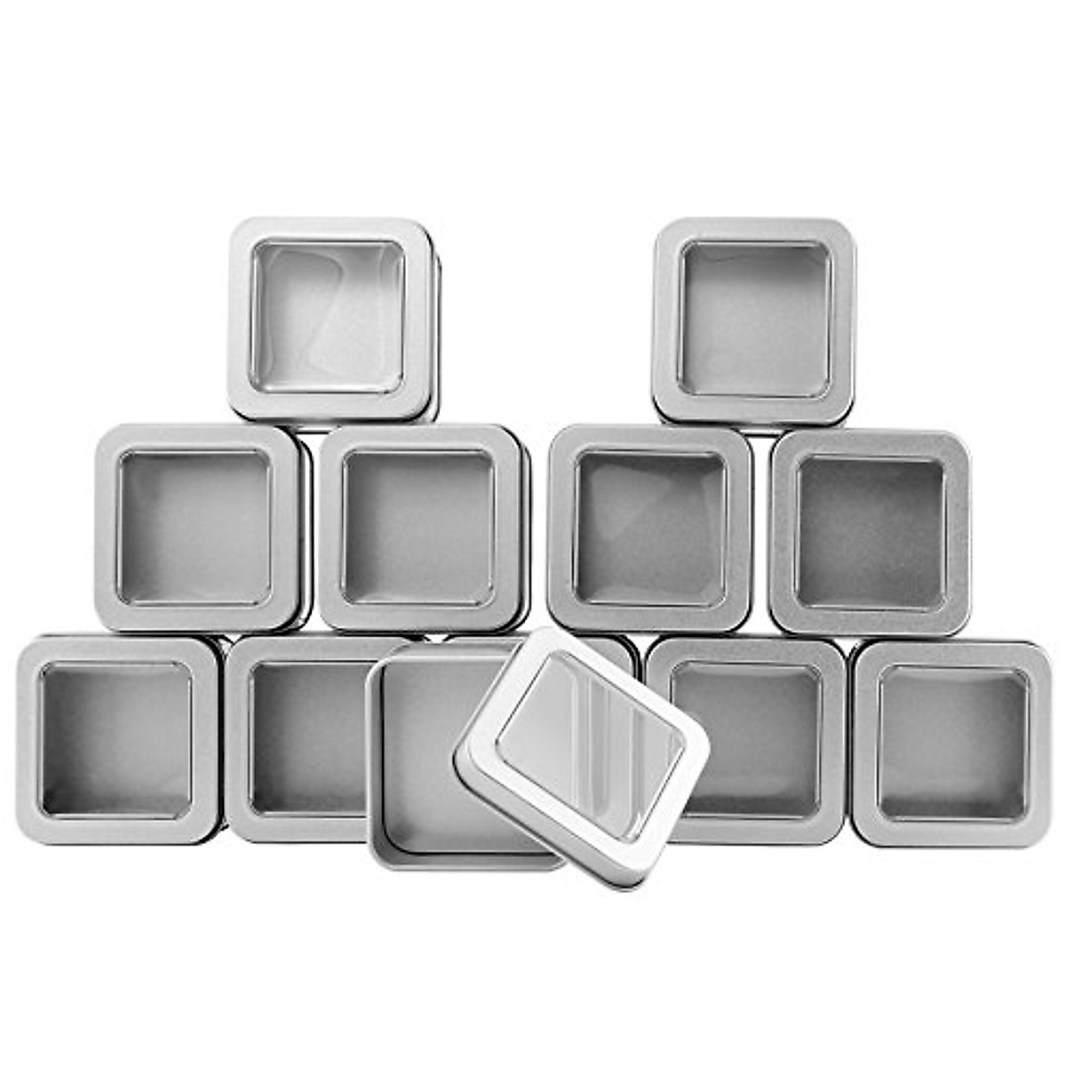 Cornucopia Square Silver Metal Tins w/View Window (12-Pack); Empty 1/2 Cup / 4-Ounce Capacity Clear Top Metal Boxes Great for Candles, Candies, Gifts