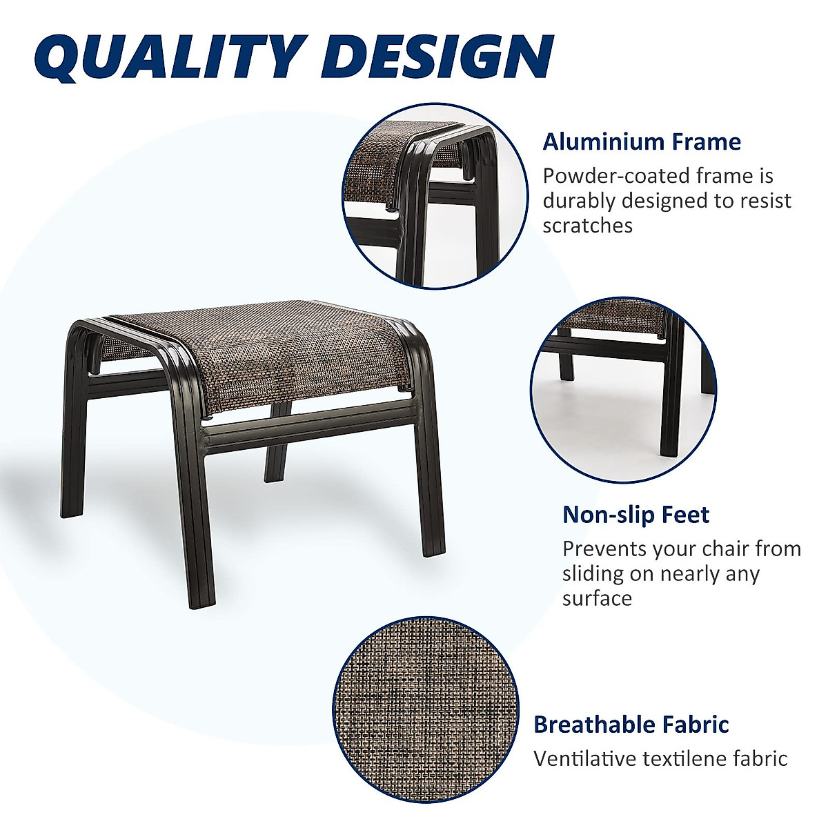 Deugold Outdoor Patio Foot Rest Ottoman Seat Textilene Portable Metal Footstool Portable Patio Chairs 2 Set Brown