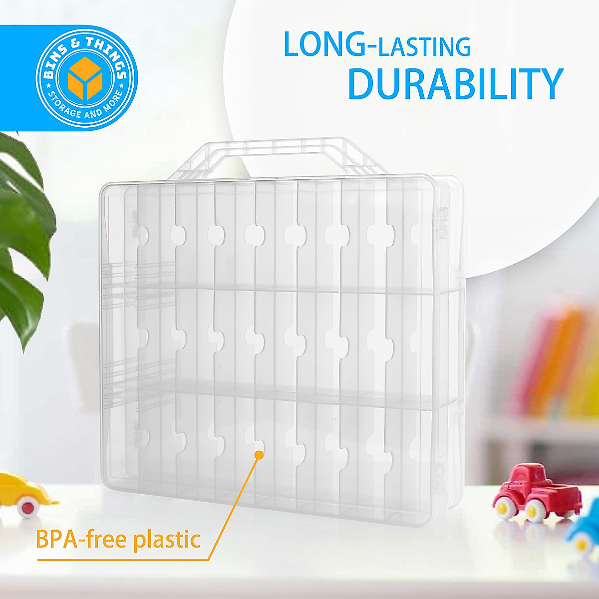 Bins & Things 48 Slot Toys Organizer - Compatible with Calico Critter, Hot Wheels, Tsum Tsum, MatchBox - Plastic Storage Display Case with Carrying Handle - Collection Box - 13.5x11.7x3.2 Inches