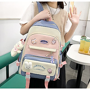 DAHUOJI Kawaii Backpack Set 5pcs Aesthetic Backpack for School Teens Girls Daypack Large with Pendants and Pins, Pen Case, Tote Bag, Small Bag(Blue)