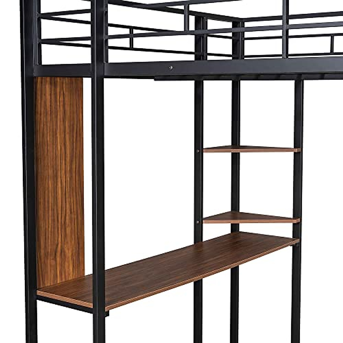ATY Metal Full Size Loft Bed with 2 Shelves and 1 Desk, Sturdy Bedframe w/Two Ladders & Safety Rails for Kids Teens Adults, No Box Spring Needed, Black