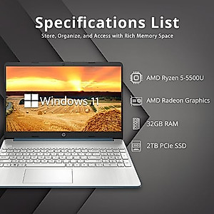 HP 2022 15.6" FHD Laptop, AMD Ryzen 5-5500U Processor, AMD Radeon Graphics, 32GB RAM, 2TB PCIe SSD, HD Webcam, Bluetooth, Wi-fi, Win 11, Blue, 32GB SnowBell USB Card