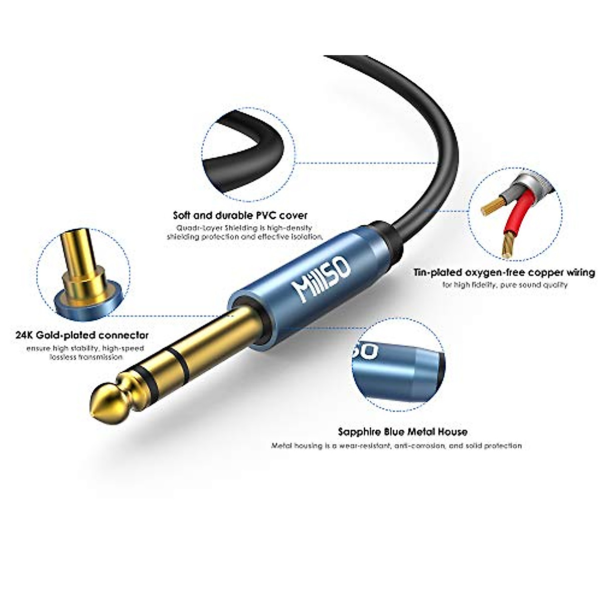 MillSO 6.35mm 1/4 Male to Dual 3.5mm 1/8 Female Headphone Adapter, TRS Stereo Sapphire Blue & Gold-Plated Audio Splitter for Amplifiers, Guitar Amp, Keyboard Piano, Home Theater, Mixer - 12 inch