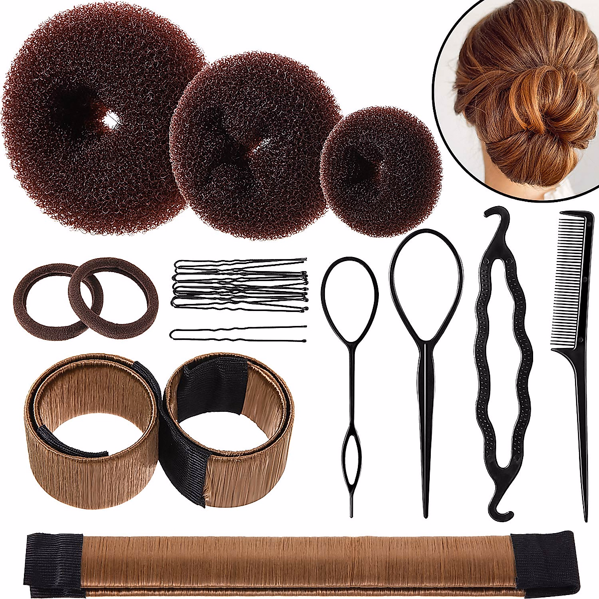 Bun Shaper Set with Donuts, Markers, Ponytail Tools, Bobby Pins, and Elastic Bands for Women and Kids