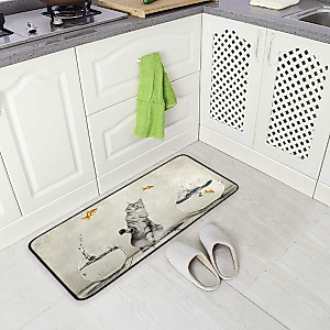 MOYYO Kitchen Mat Animal Funny Cute Cat Fish Kitchen Rug Mat Anti-Fatigue Comfort Floor Mat Non Slip Oil Stain Resistant Easy to Clean Kitchen Rug Bath Rug Carpet for Indoor Outdoor Doormat