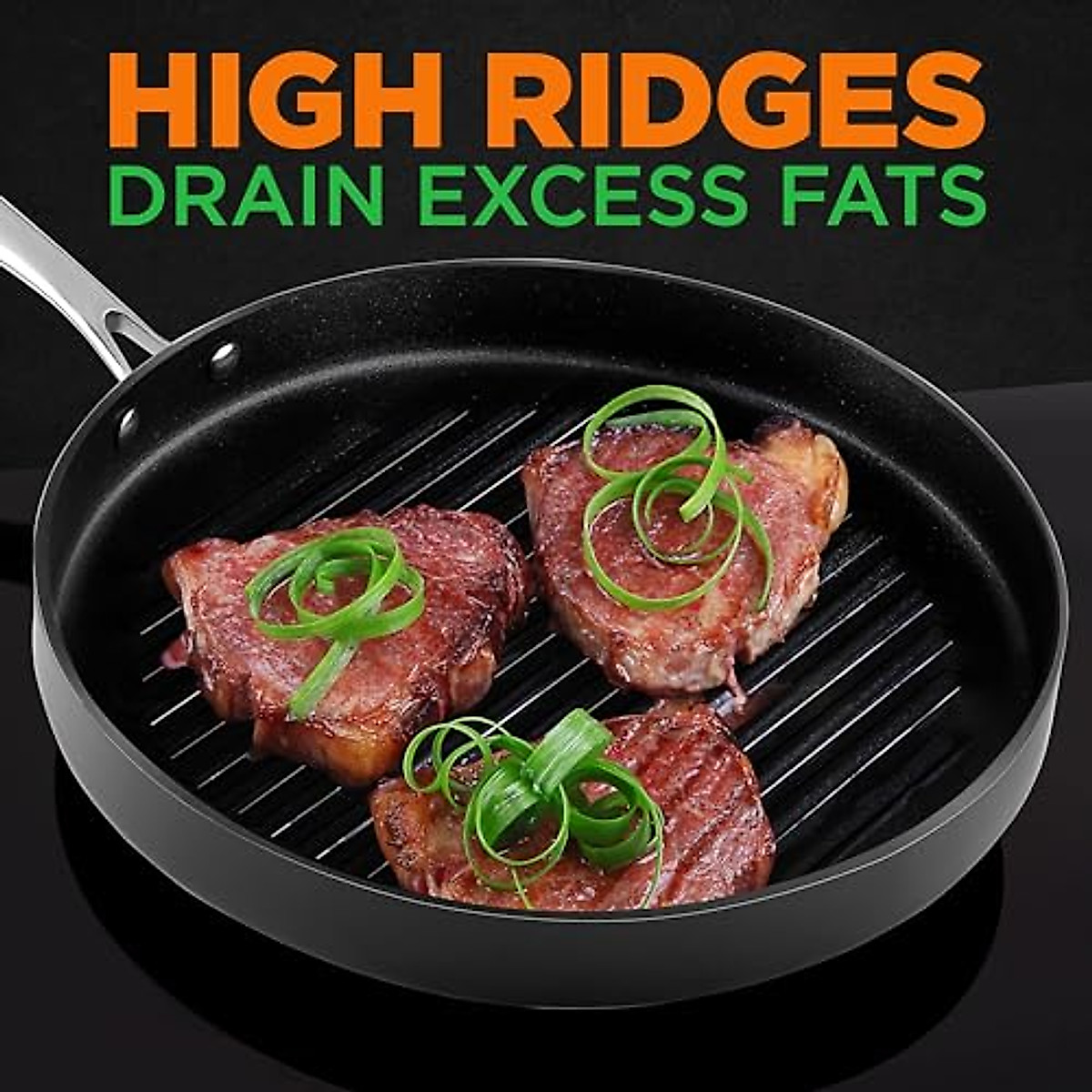 NutriChef Anodized Non-Stick Grill - Dishwasher Safe Nonstick Grill Pan Heavy Gauge Aluminum Body with Hard Anodized Surface for Even Heating, Max Temperature: 500° Fahrenheit (260° Celsius)